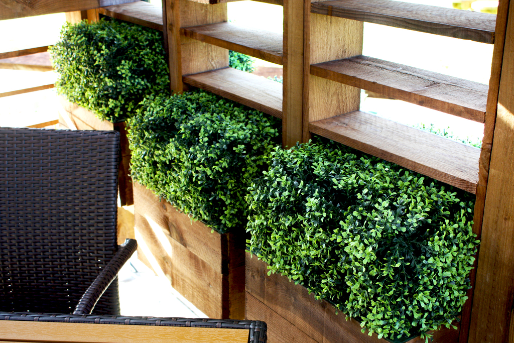Bespoke buxus hedge boxes for external seating area | Livingreen Design ...