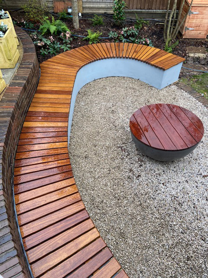 Bespoke Curved Iroko Wall Seat Branson Leisure ESI External Works Bespoke Curved Iroko Wall Seat Branson Leisure ESI External Works