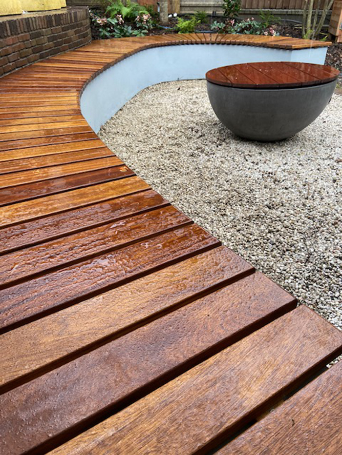 Bespoke Curved Iroko Wall Seat Branson Leisure ESI External Works Bespoke Curved Iroko Wall Seat Branson Leisure ESI External Works