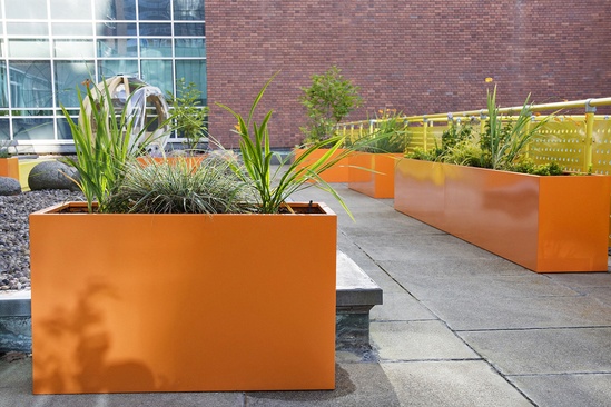 Custom coloured steel planters, University of Manchester | IOTA | ESI ...