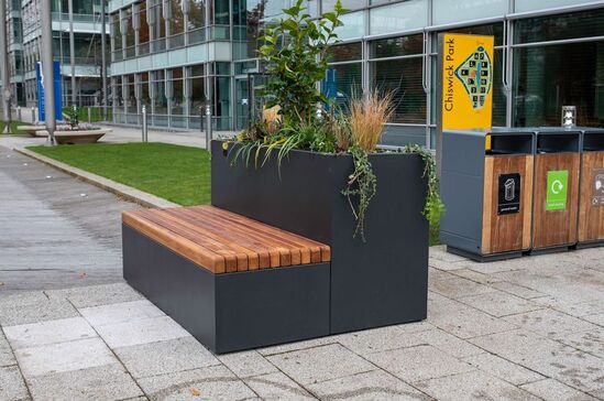 Bespoke stainless steel seating planters, Chiswick Park | IOTA | ESI ...