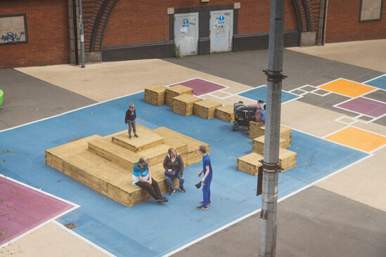 Modular tiered timber block seating for public square | WoodBlocX | ESI ...