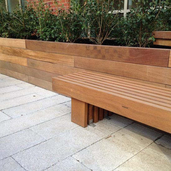 Hardwood seats and planters for green landscaping scheme | Woodscape ...