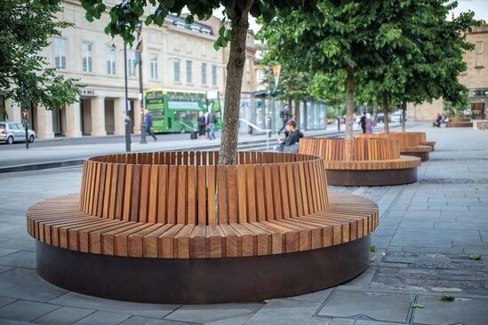 Circular seat design for central plaza - Southgate, Bath | Woodscape ...