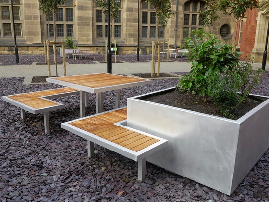 Campus co-ordinated benches, tables and planters | Benchmark Design ...