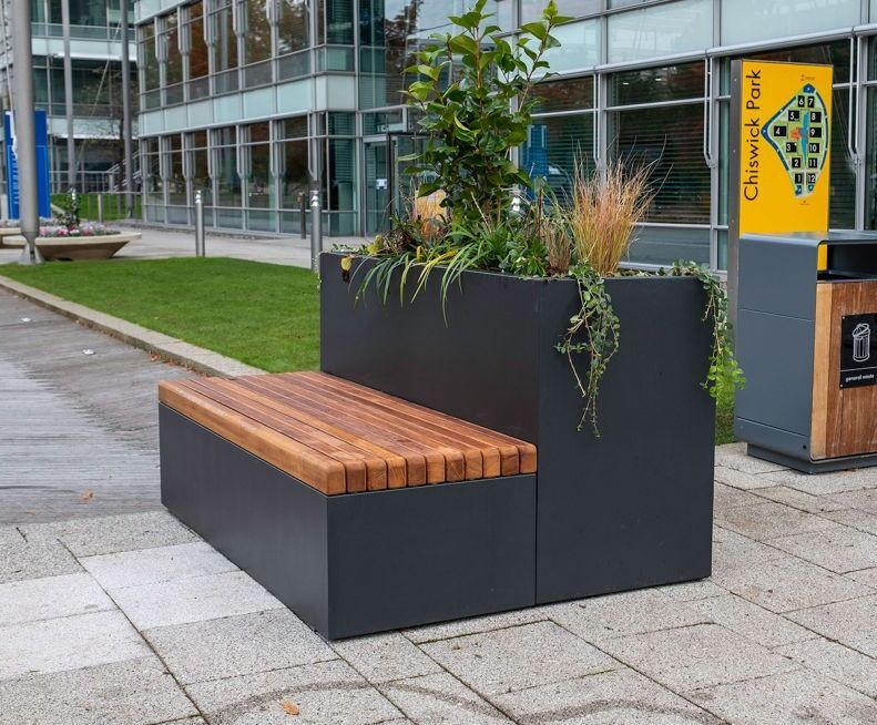Bespoke stainless steel seating planters, Chiswick Park | IOTA | ESI ...