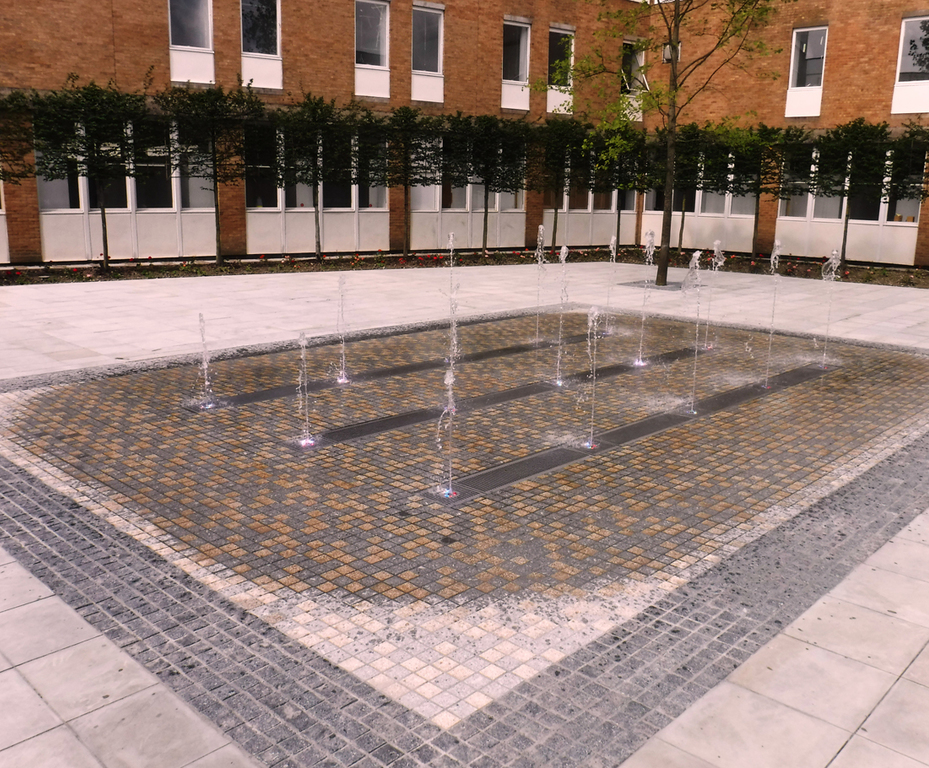Illuminated plaza water feature - Lancaster University | Fountains ...