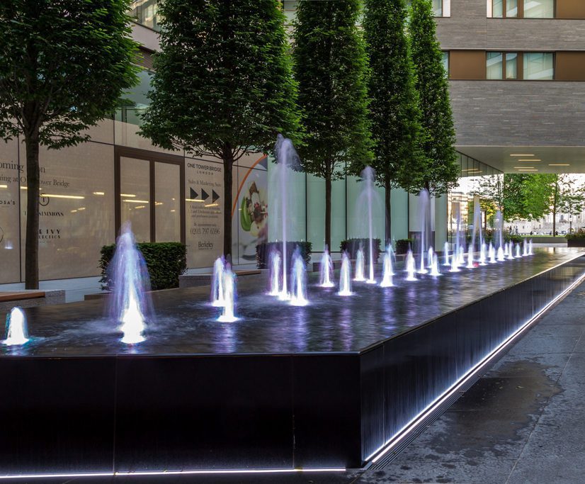 Illuminated table-top clock fountain - One Tower Bridge | Fountains ...