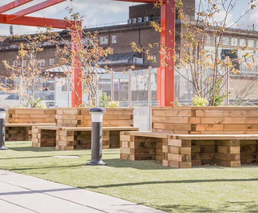 Suilven timber tree planter with integrated seating | WoodBlocX | ESI ...