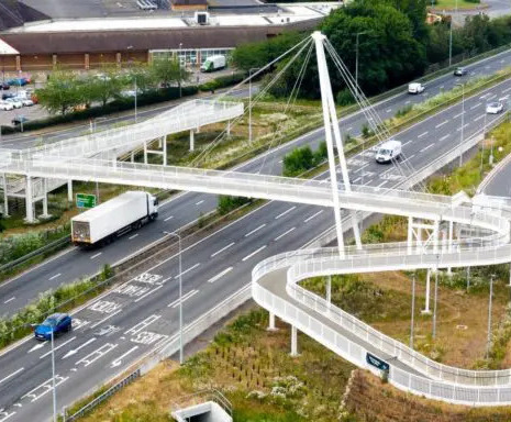 Steel cable stay footbridge over A45 at Rushden Lakes | Nusteel ...