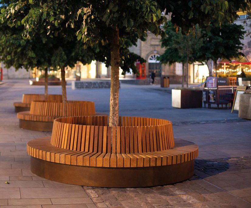 Movable circular hardwood tree seats for public realm | Woodscape | ESI ...