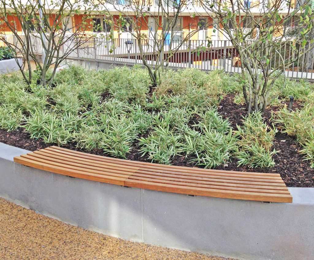 Hardwood seats and planters for green landscaping scheme | Woodscape ...
