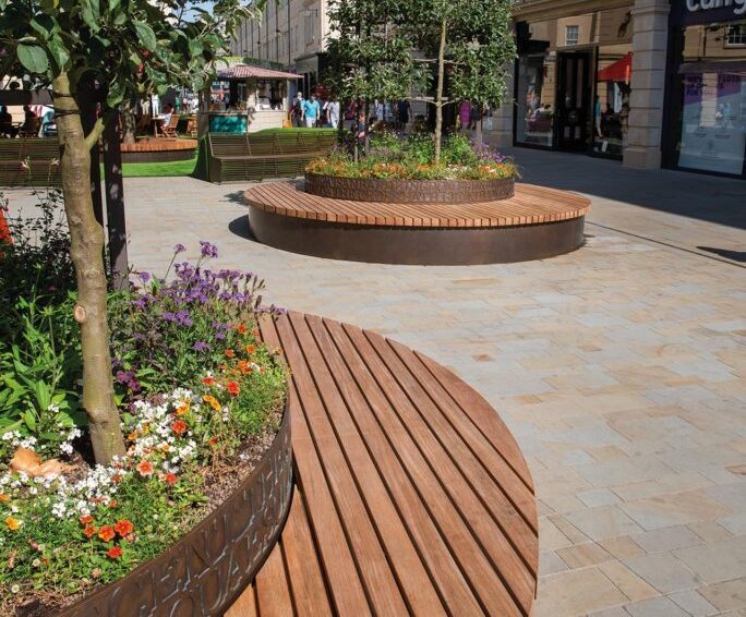 Circular seat design for central plaza - Southgate, Bath | Woodscape ...