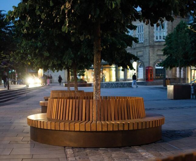 Circular seat design for central plaza - Southgate, Bath | Woodscape ...