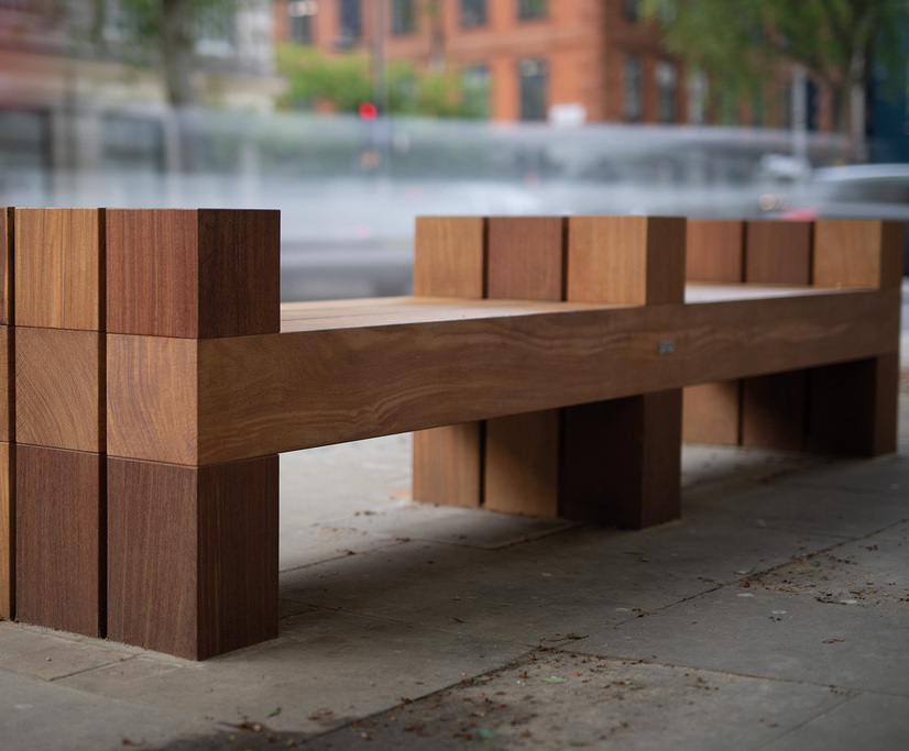 Beam timber benches line Kensington High Street | Woodscape | ESI ...