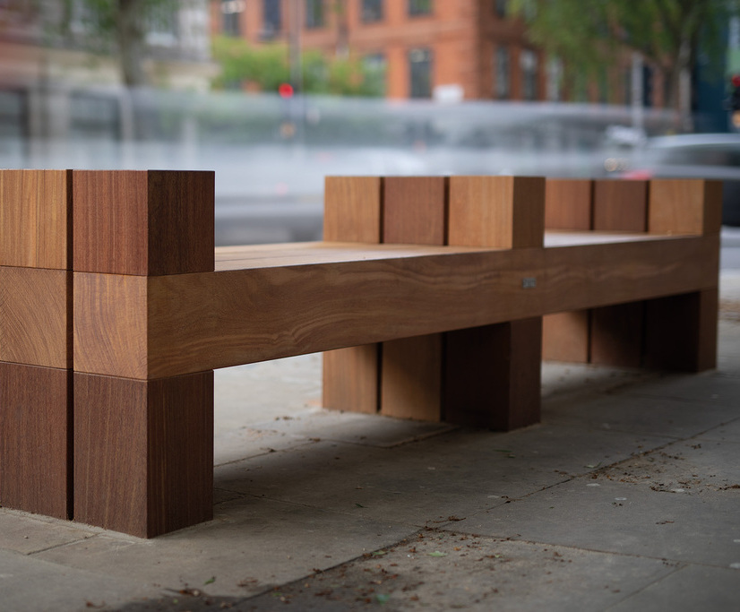 Beam backless timber bench with cube legs | Woodscape | ESI External Works