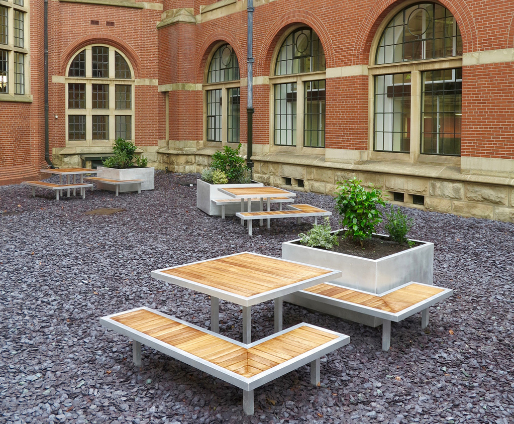 Campus co-ordinated benches, tables and planters | Benchmark Design ...
