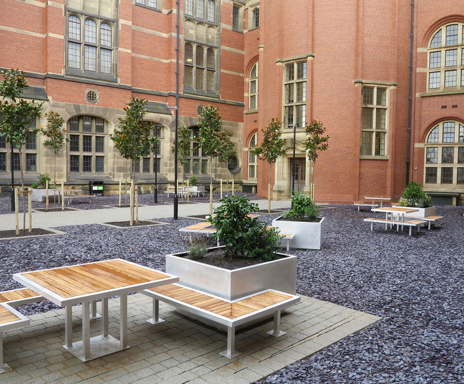 Campus co-ordinated benches, tables and planters | Benchmark Design ...