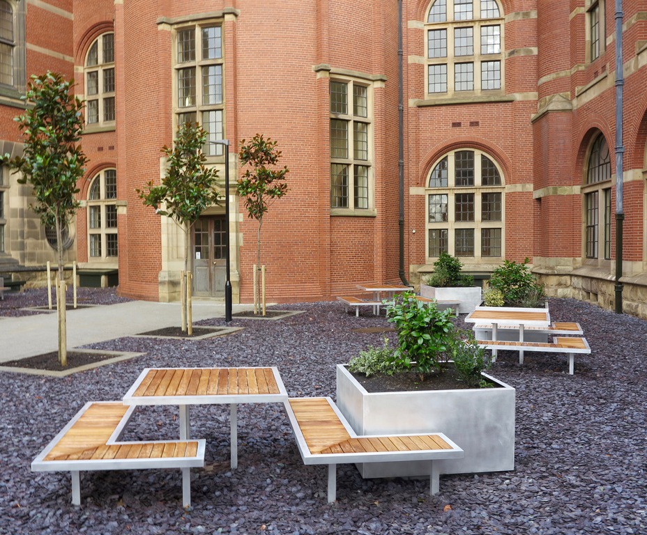 Campus co-ordinated benches, tables and planters | Benchmark Design ...